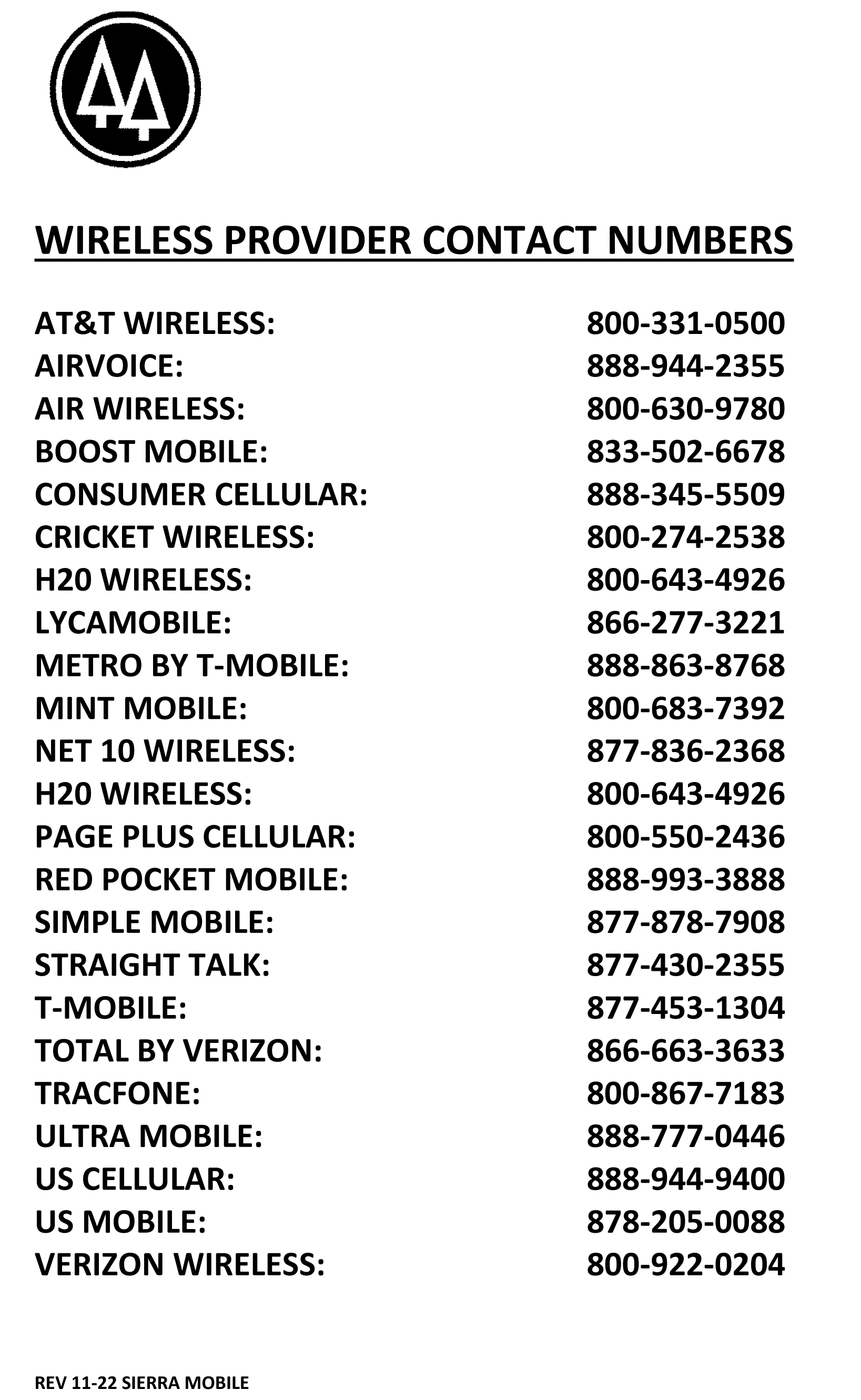 Wireless Provider Contact Numbers – Sierra Mobile Communications